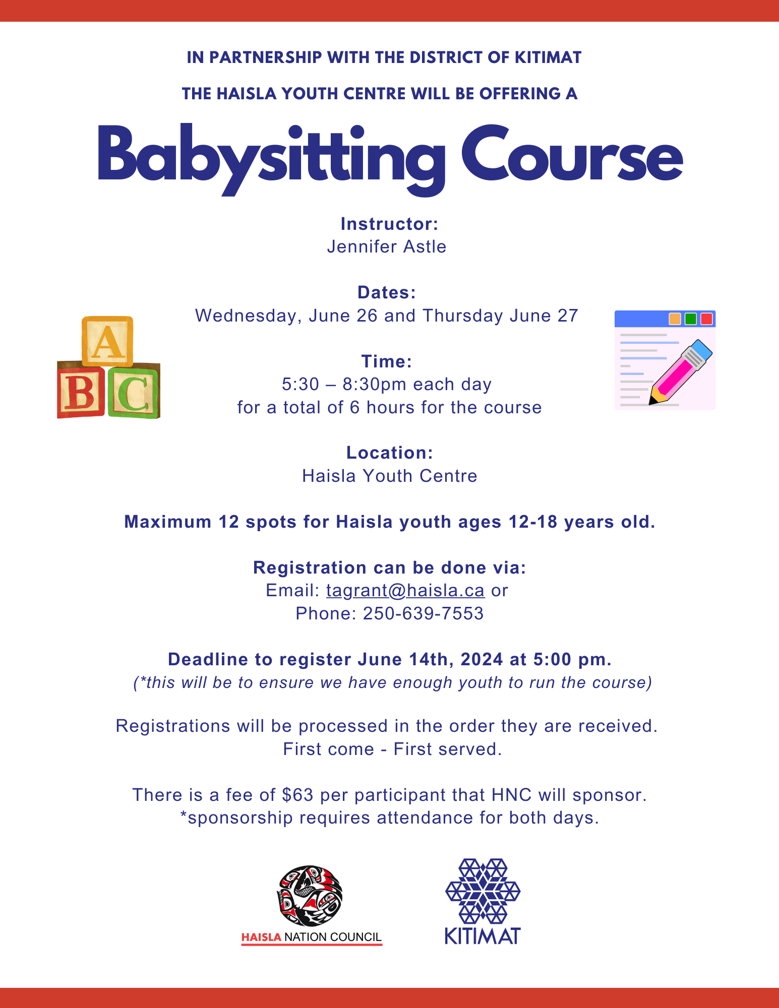 Upcoming Babysitting Course - June 26-27th - Haisla Nation