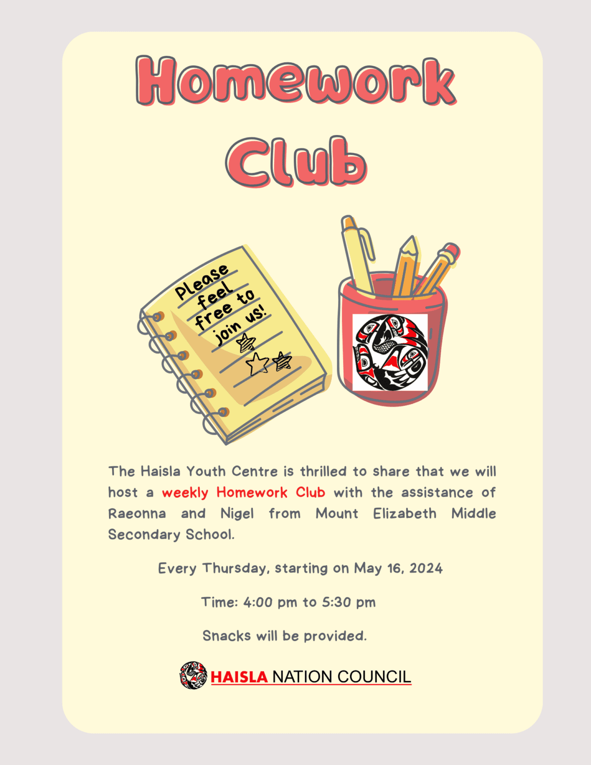 Homework Club is coming to the Youth Centre! - Haisla Nation